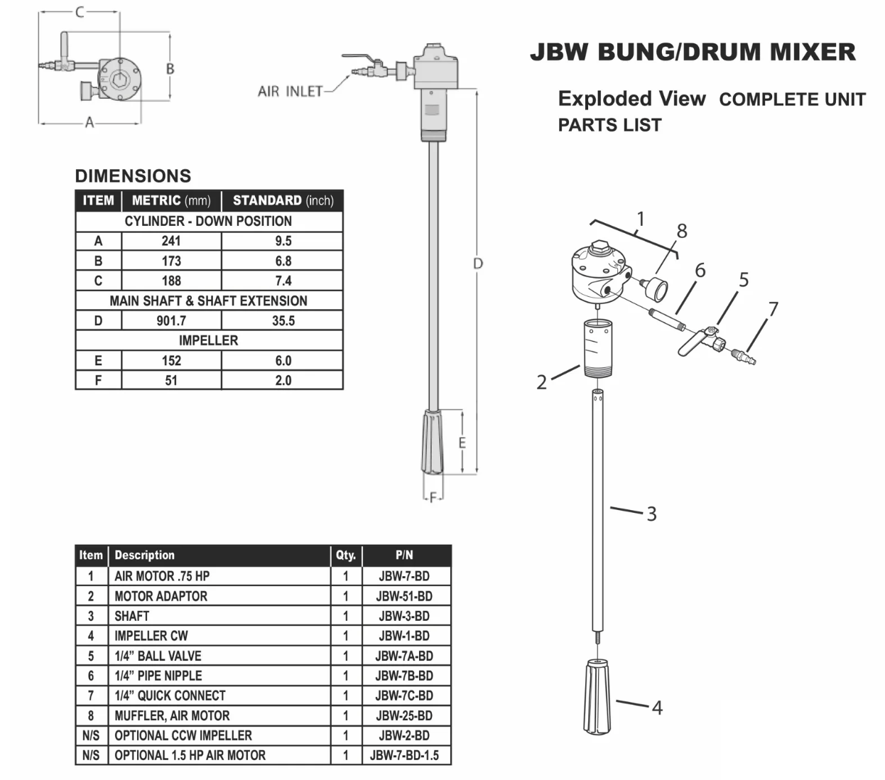 JBW-10004-BD Mixer for Mixing Thru Bung Holes - JBW Systems